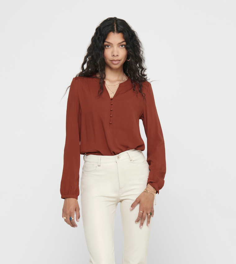 Buy Only Onleddie Detail L/S Top Wvn Burnt Henna In Brown | 6thStreet UAE