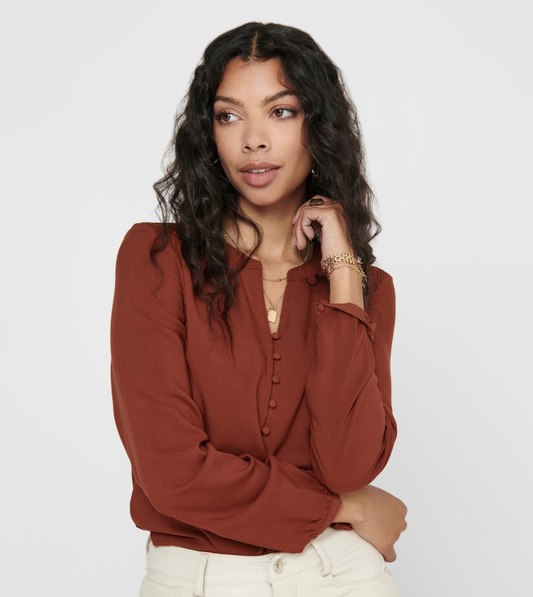 Buy Only Onleddie Detail L/S Top Wvn Burnt Henna In Brown | 6thStreet UAE