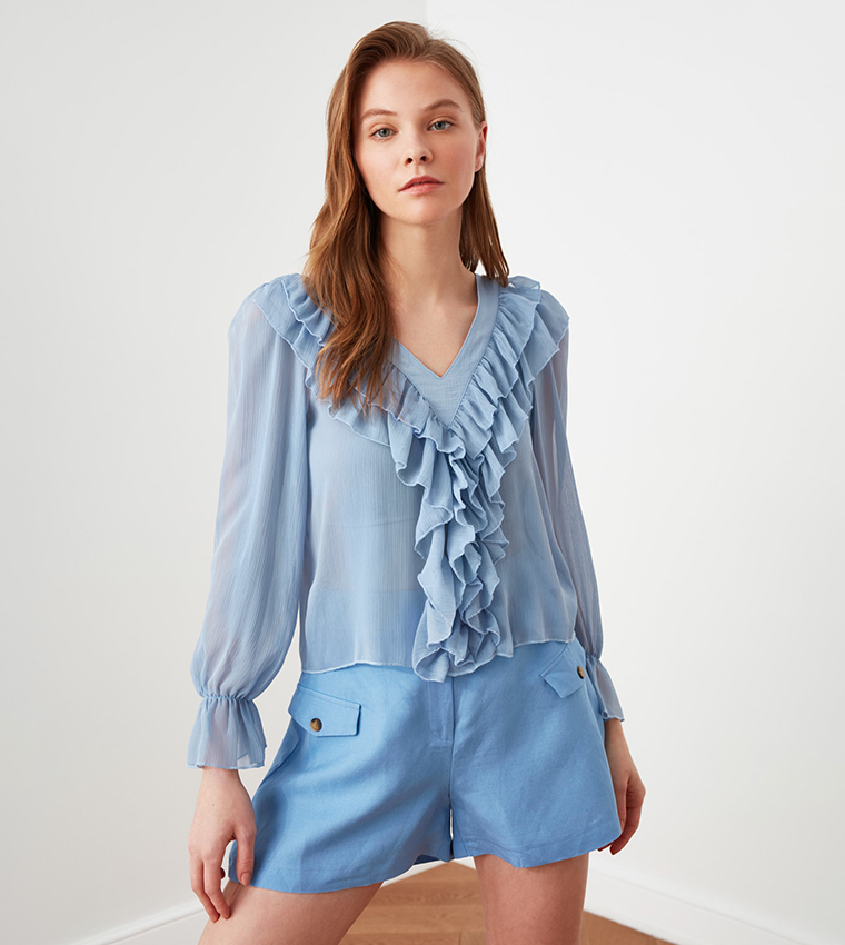 Buy Trendyol Frilled Neck Top In Blue | 6thStreet Qatar