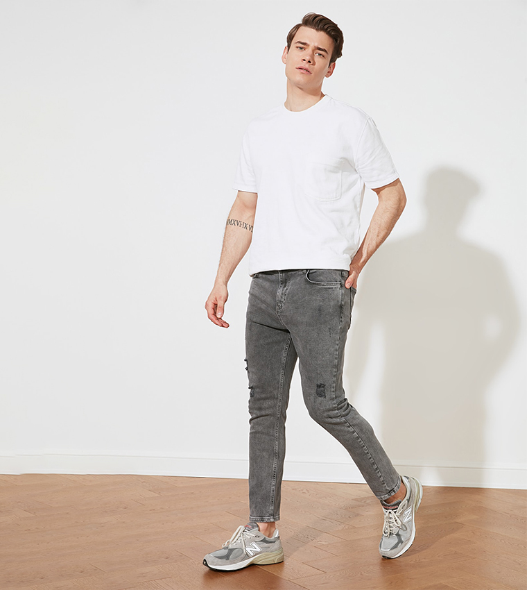 Buy Trendyol Wear Detailed Normal Waist Carrot Fit Jeans In Grey ...