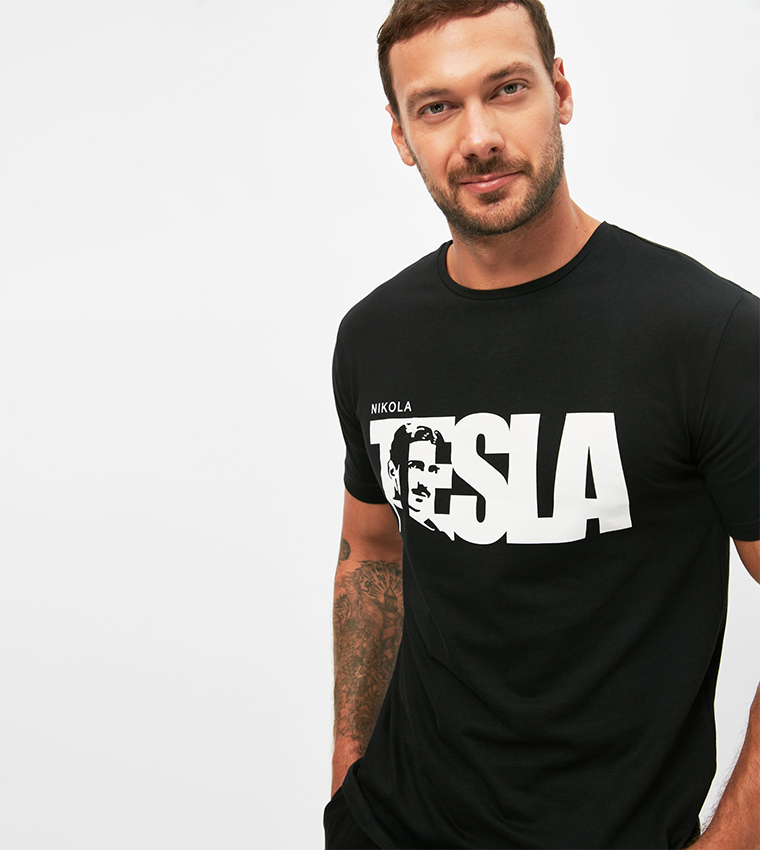 Buy Trendyol Tesla Printed Licensed Knitted Pajamas Set In Black ...