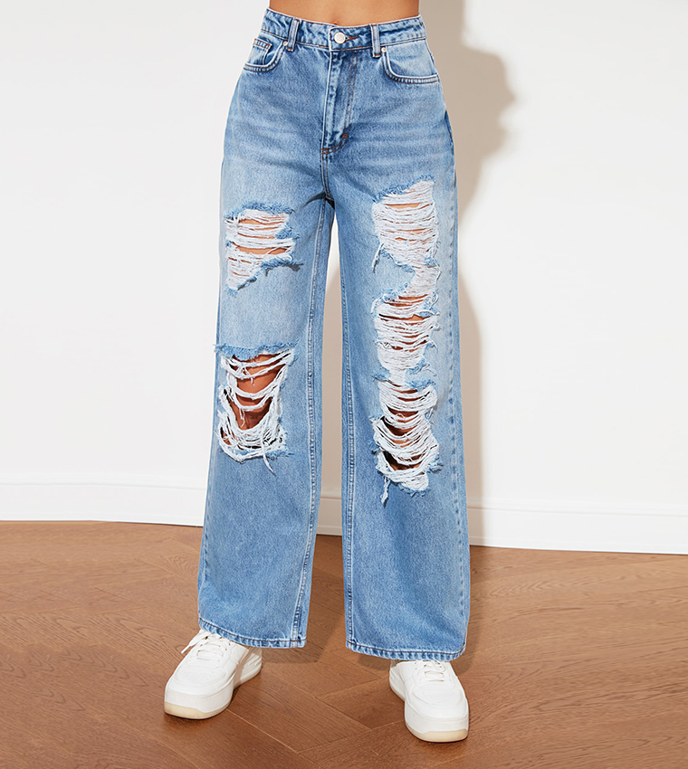 Buy Trendyol High Waist Ripped Wide Leg Jeans In Blue | 6thStreet UAE