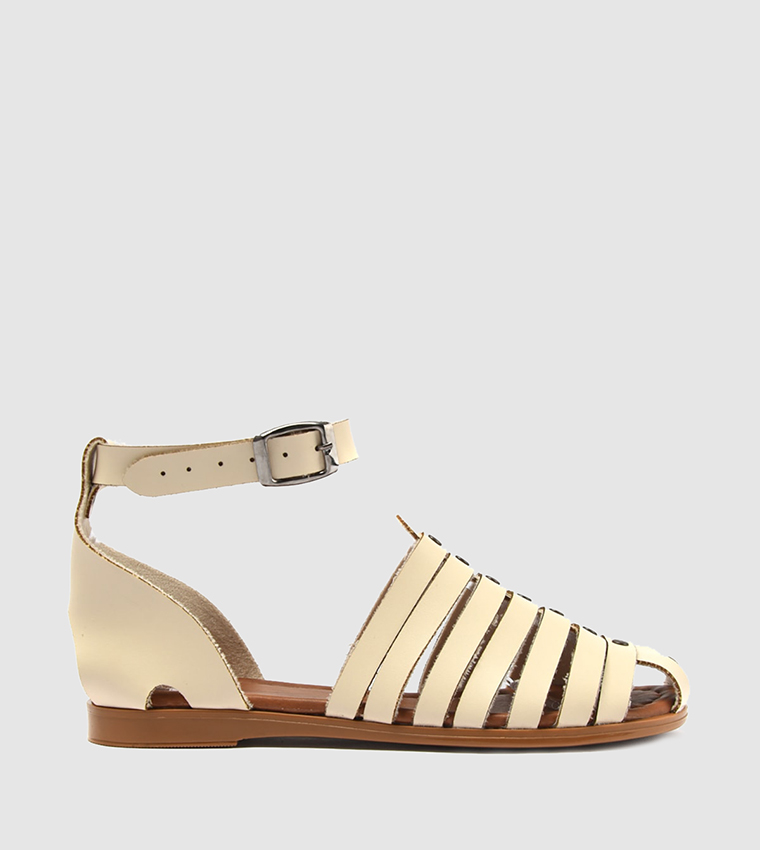 Buy Trendyol Cut Out Leather Flat Sandals In Beige | 6thStreet Bahrain