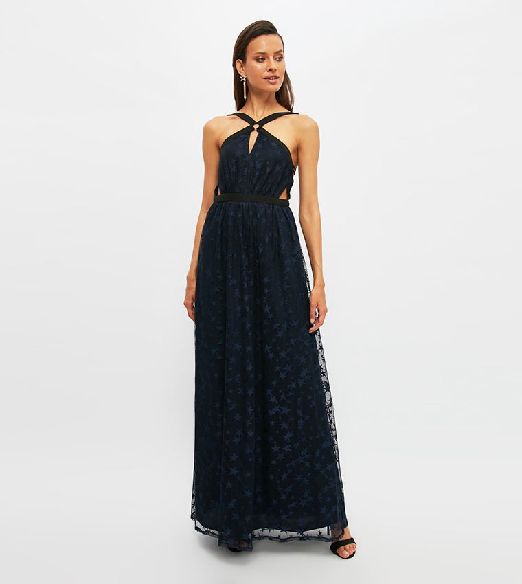 Buy Trendyol Collar Detailed Evening Dress & Graduation Gown In Blue ...