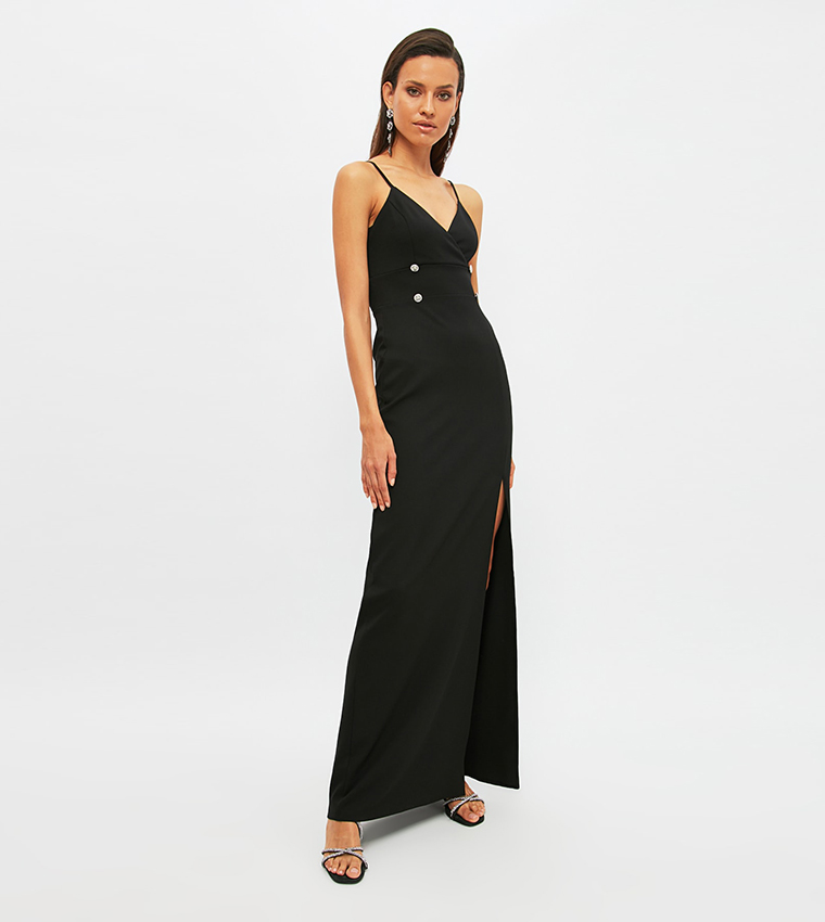 Buy Trendyol Neck Detailed Evening Dress & Graduation Gown In Black ...