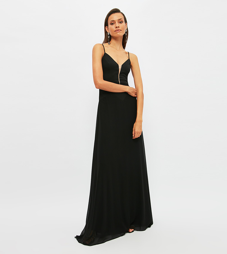 Buy Trendyol Neck Detailed Evening Dress & Graduation Gown In Black ...