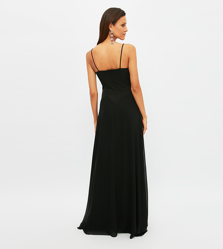 Buy Trendyol Neck Detailed Evening Dress & Graduation Gown In Black ...