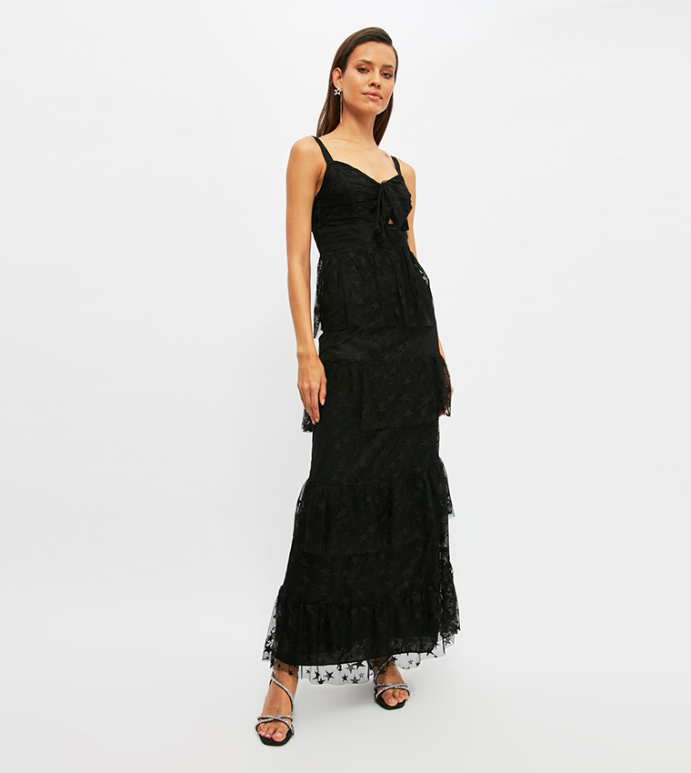 Buy Trendyol Neck Detailed Evening Dress & Graduation Gown In Black ...