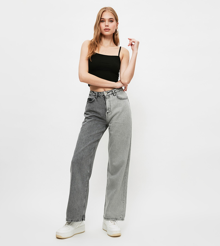 Buy Trendyol Colorblocked High Waist Wide Leg Jeans In Multiple Colors ...