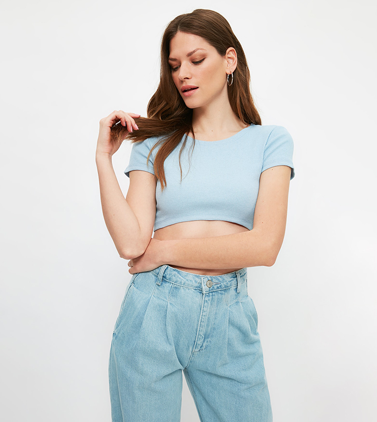 Buy Trendyol Basic Crop Top In Blue | 6thStreet UAE