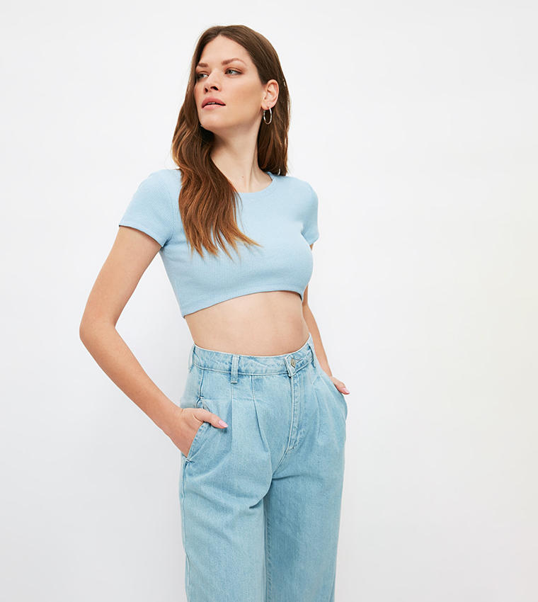 Buy Trendyol Basic Crop Top In Blue | 6thStreet UAE
