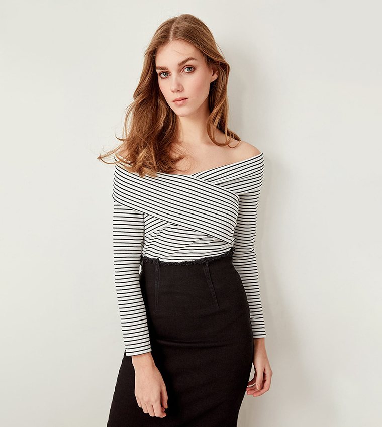 Buy Trendyol Striped Cross Over Off Shoulder Top In Multiple Colors ...