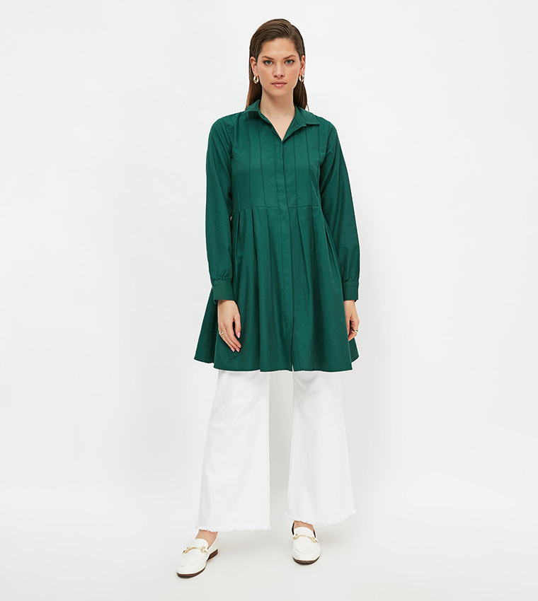 Buy Trendyol A Line Pleated Flared Tunic In Green | 6thStreet Oman