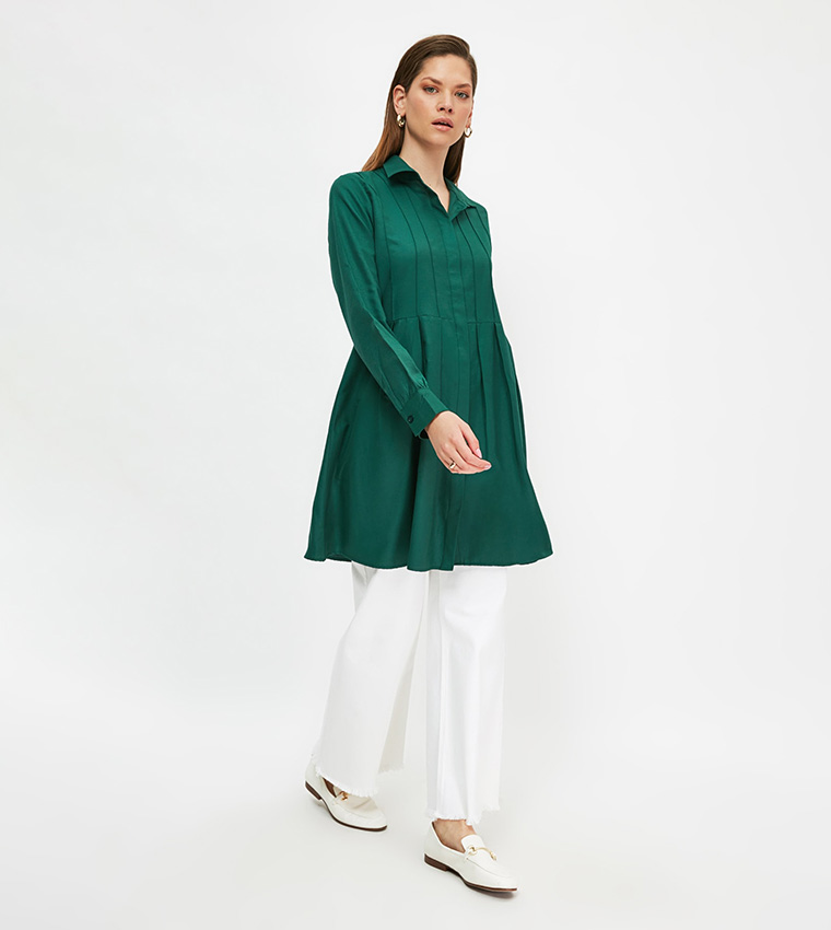 Buy Trendyol A Line Pleated Flared Tunic In Green | 6thStreet Oman