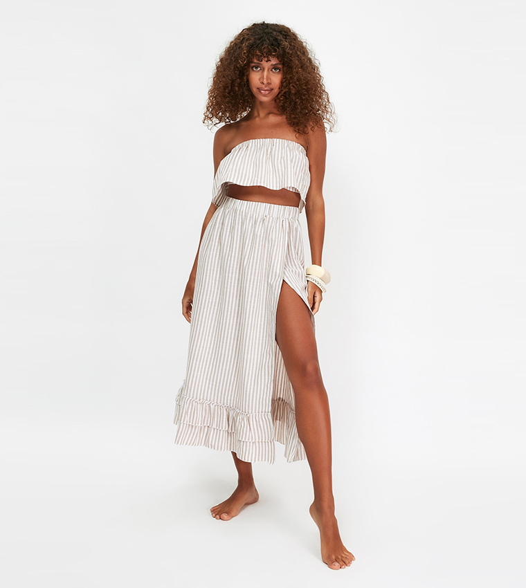 Buy Trendyol Slit Detailed Striped Bottom Top Set In Beige | 6thStreet UAE