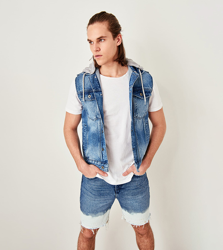 Buy Trendyol Knitted Hooded Denim Vest In Blue | 6thStreet Saudi Arabia
