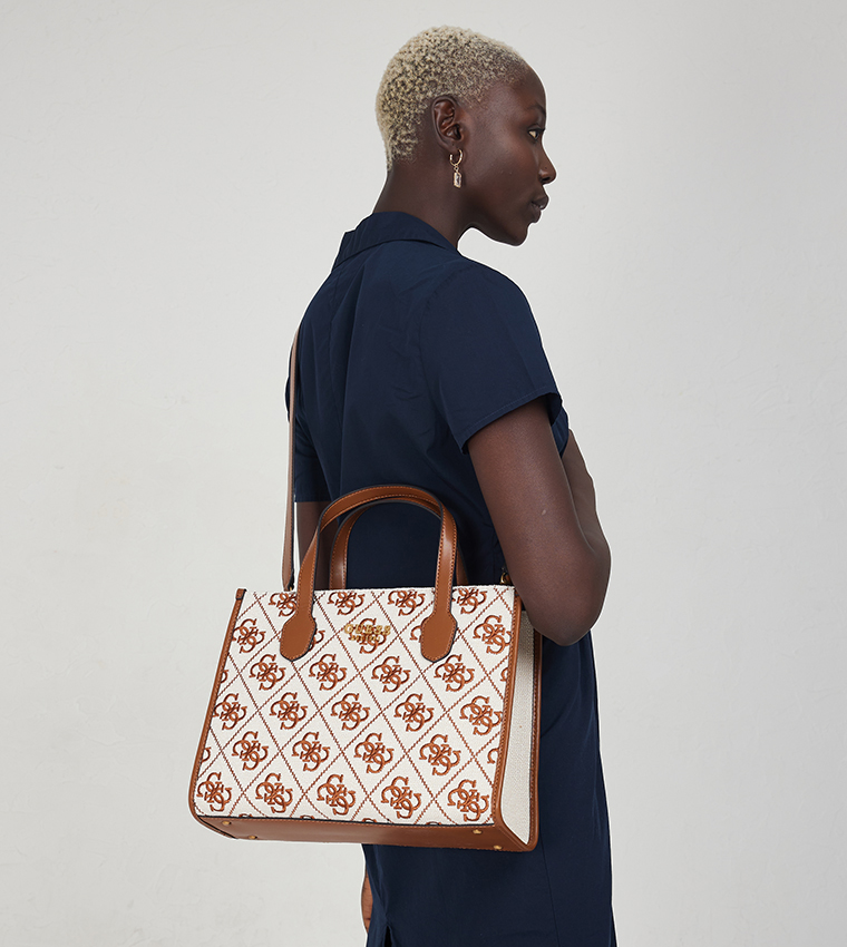 Buy Guess SILVANA Monogram Embroidered Tote Bag In Tan | 6thStreet Qatar