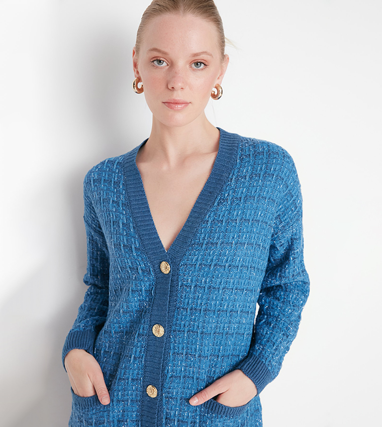 Buy Trendyol Oversize Pocket Tweed Look Knitted Cardigan In Indigo ...