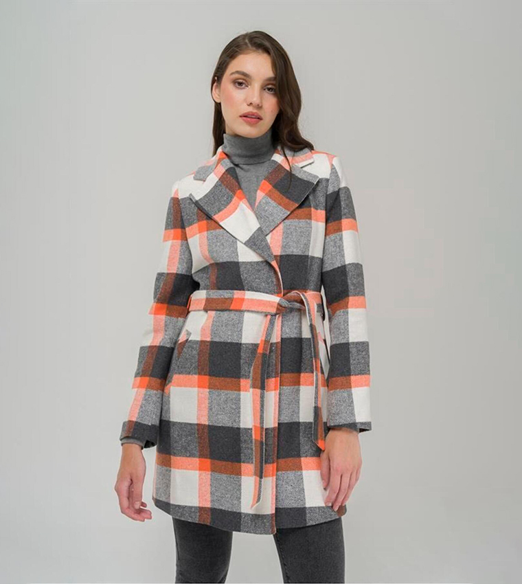 Buy Olcay Plaid Long Sleeves Overcoat With Waist Belt In Orange ...