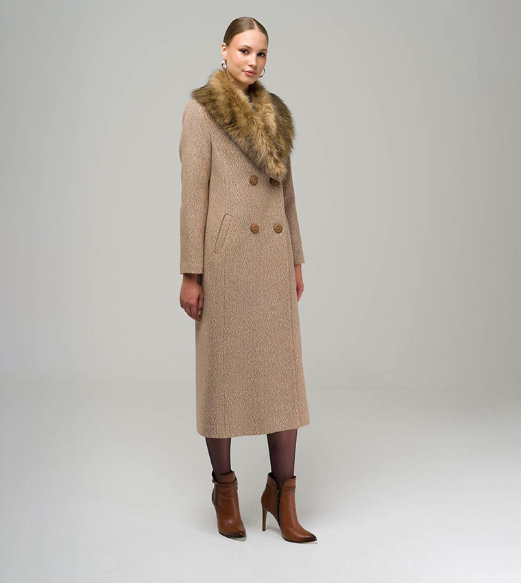 Buy Olcay Detachable Fur Collar Double Breasted Overcoat In Beige ...