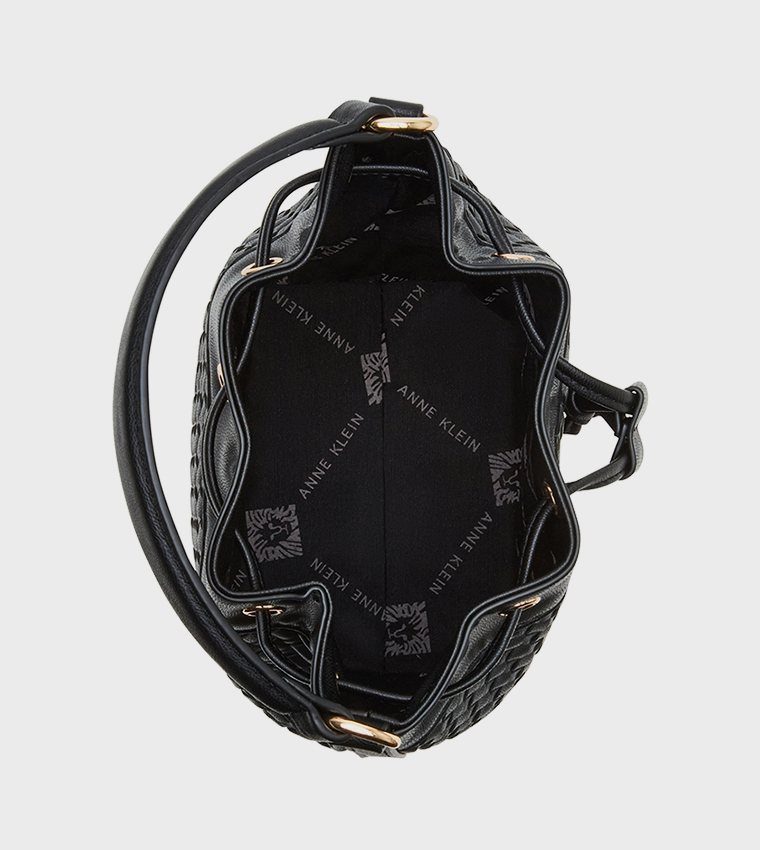 Buy Anne Klein Basket Weave Drawstring Closure Bucket Bag In Black ...