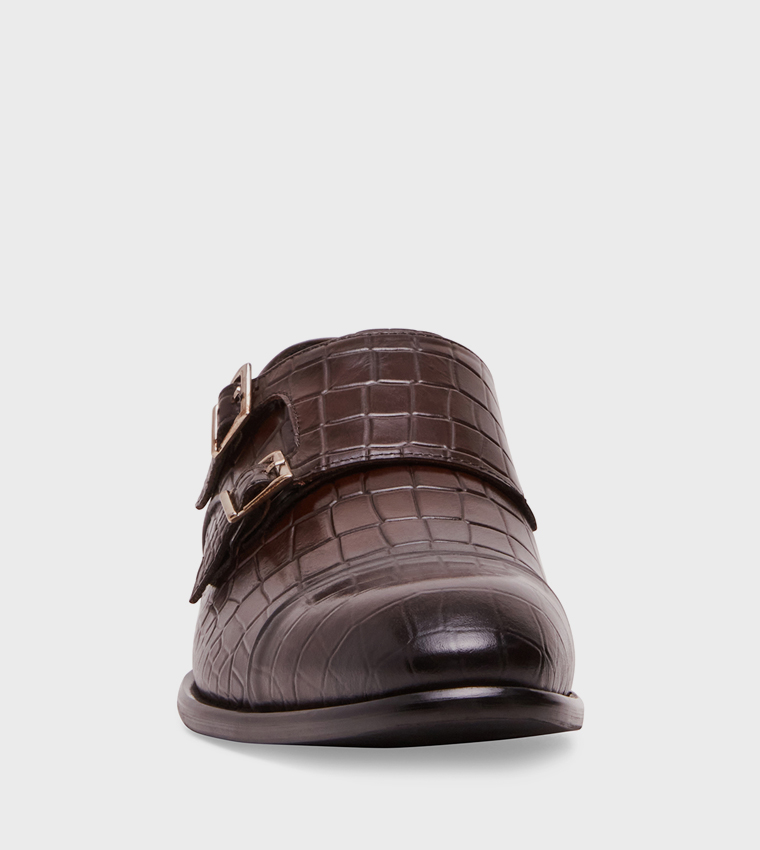 Buy Steve Madden HAYDEN Croc Textured Monk Strap Shoes In Brown ...