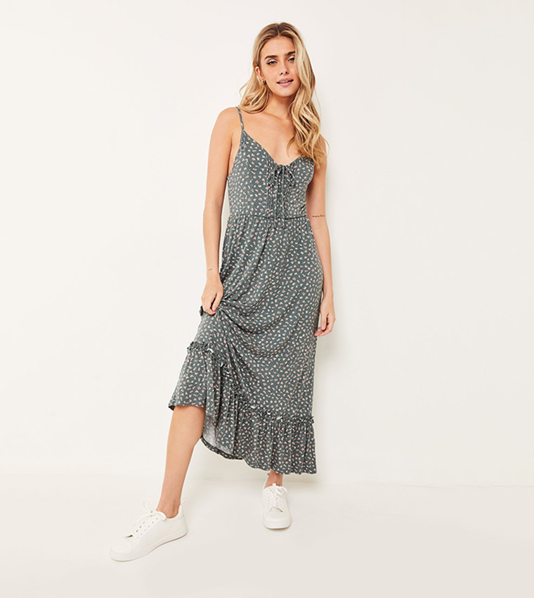Buy Ardene Ruffled Floral Midi Dress In Green | 6thStreet Bahrain