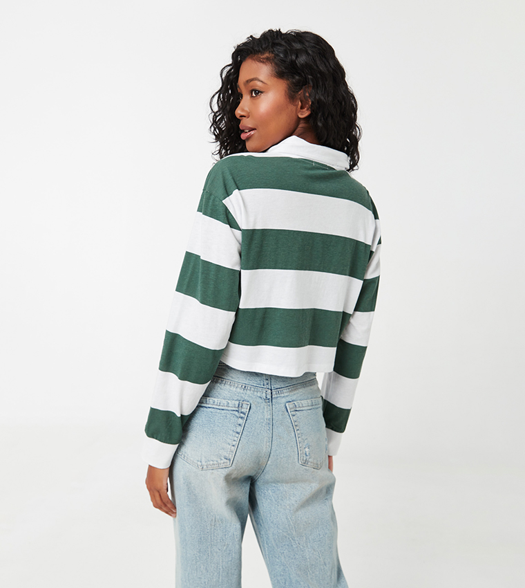 Buy Ardene Striped Cropped Polo T Shirt In Green | 6thStreet Qatar