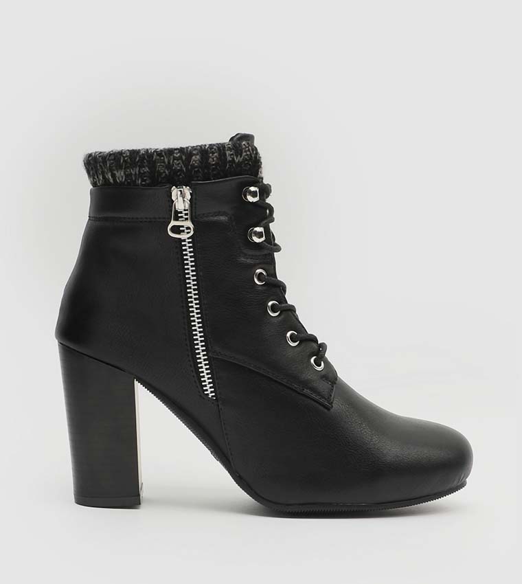 Buy Ardene Block Heel Boots With Knit Collar In Black | 6thStreet Qatar