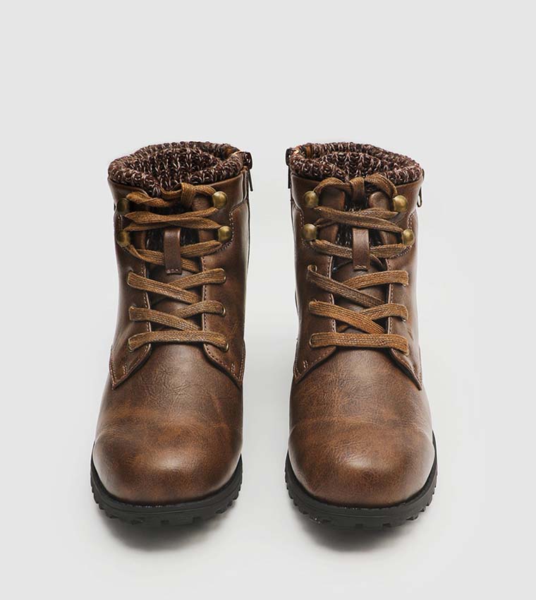 Buy Ardene Knit Collar Low Cut Combat Boots In Brown | 6thStreet Qatar