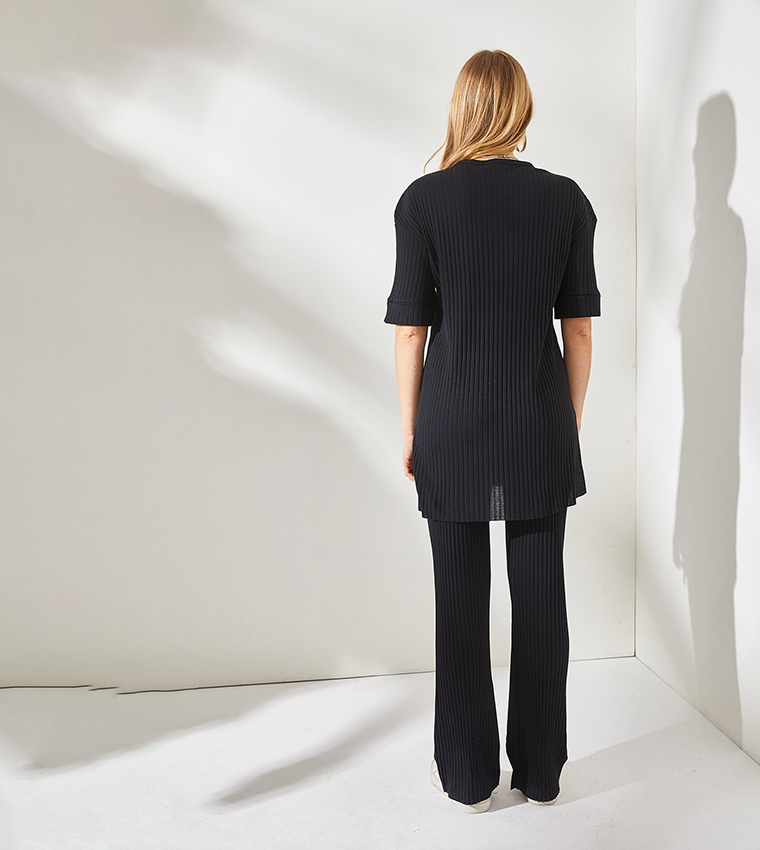 Buy Olalook Ribbed Tunic And Bottom Set In Black | 6thStreet UAE