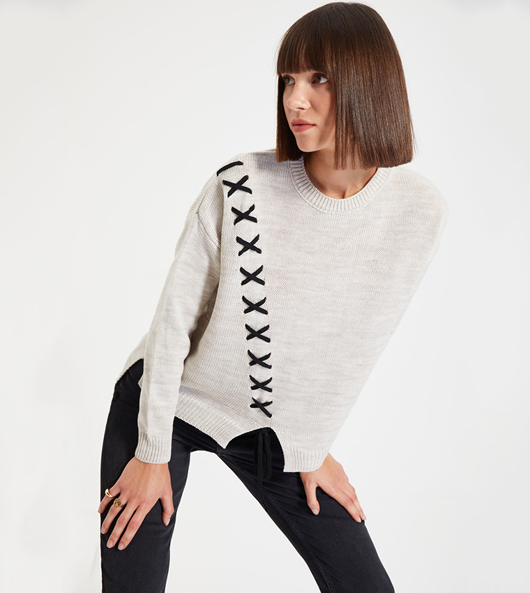 Buy Trendyol Lace Detailed Knitwear Sweater In Beige | 6thStreet Bahrain