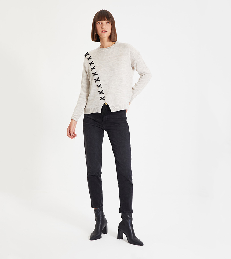 Buy Trendyol Lace Detailed Knitwear Sweater In Beige | 6thStreet Bahrain