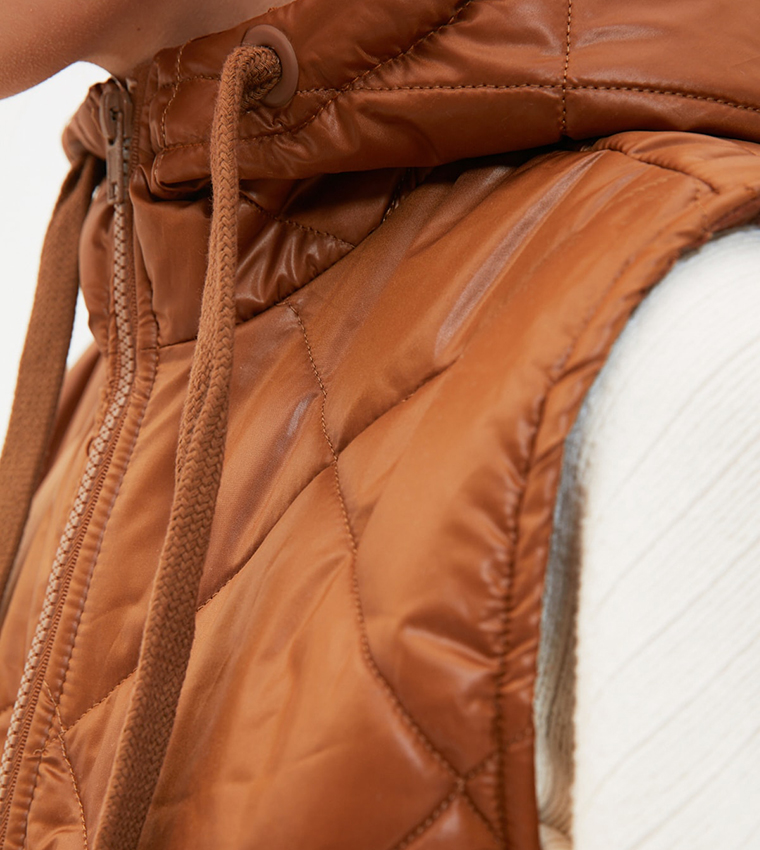 Buy Trendyol Hooded Zipper Puffer Long Inflatable Vest In Brown ...