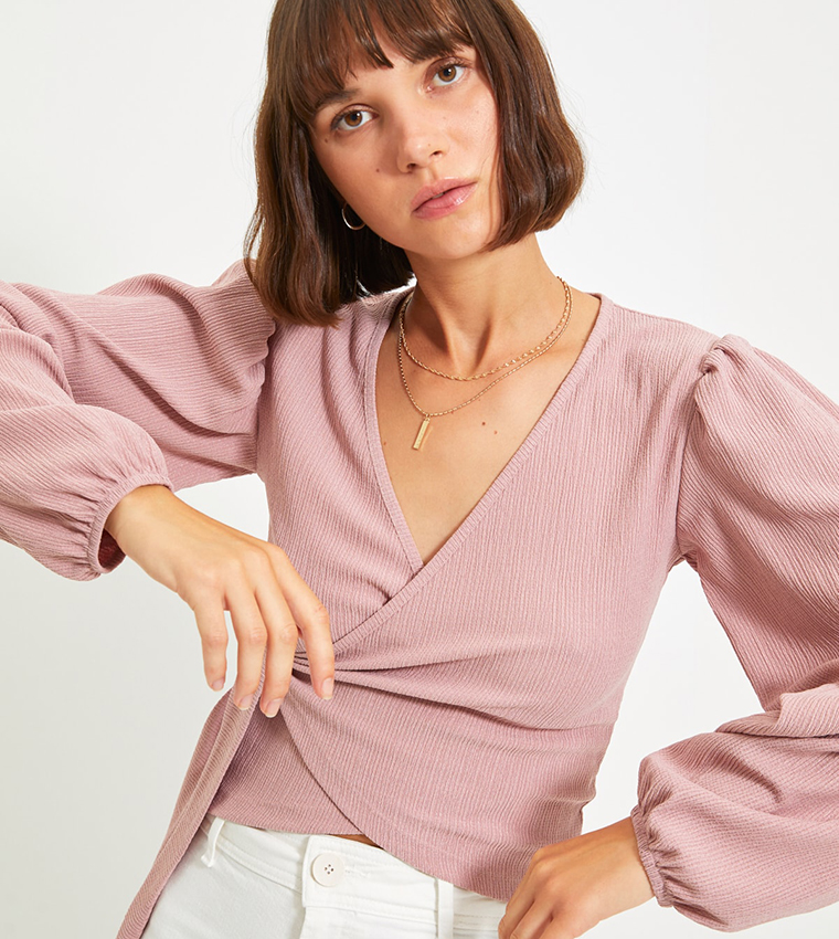 Buy Trendyol Tie Up Cross Over Crop Top In Pink | 6thStreet Qatar