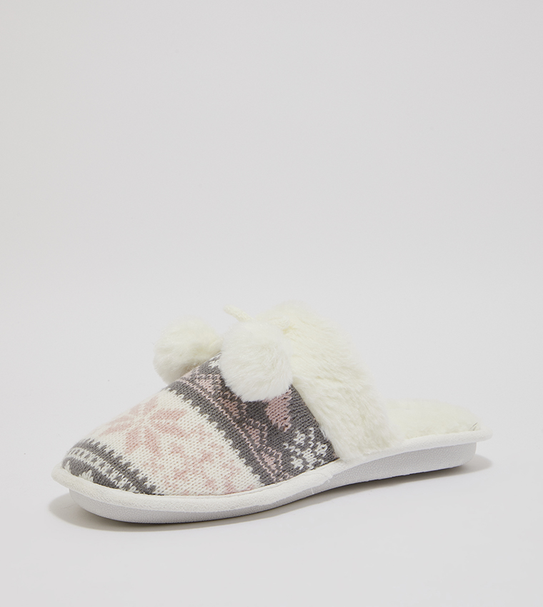 Buy Ardene Cable Knit Slide Slippers With Pompoms In Grey | 6thstreet ...