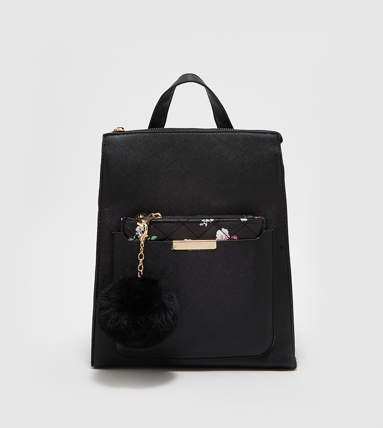 Buy Ardene Textured Backpack With Pom Pom Detail In Black | 6thStreet ...