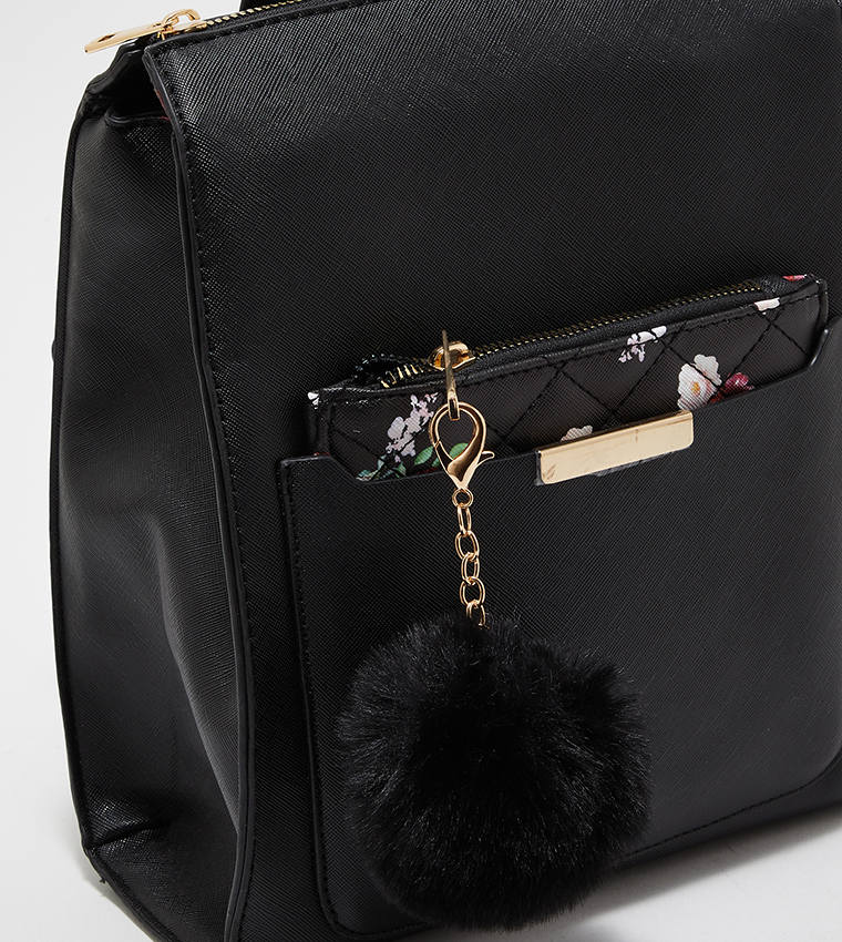 Buy Ardene Textured Backpack With Pom Pom Detail In Black | 6thStreet ...