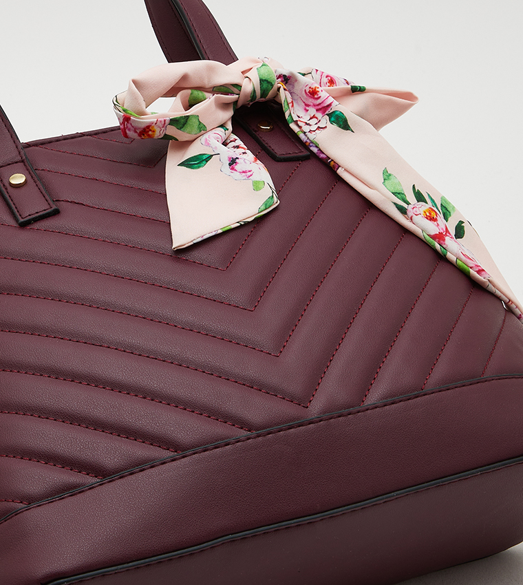Buy Ardene Topstitched Chevron Tote Bag With Scarf In Burgundy ...