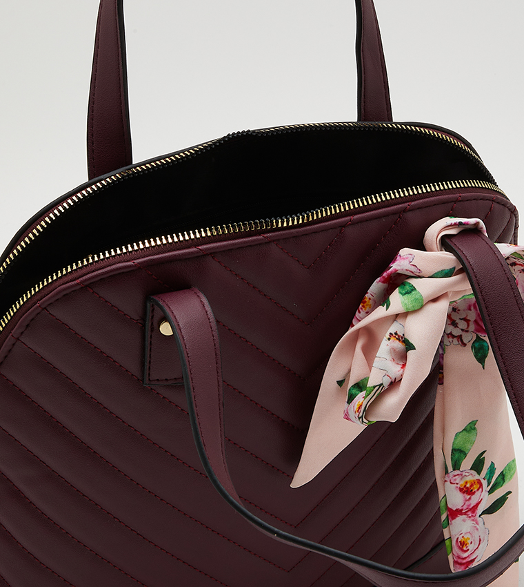Buy Ardene Topstitched Chevron Tote Bag With Scarf In Burgundy ...