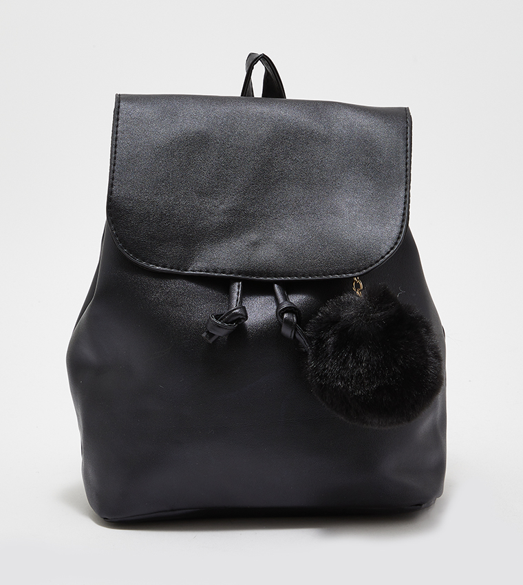 Buy Ardene Flap Backpack With Pom Pom Detail In Black | 6thStreet UAE