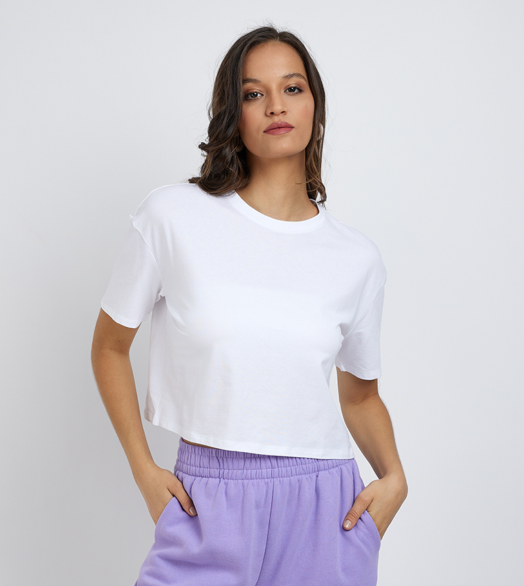 Buy Ardene Crew Neck Cropped Boxy T Shirt In White | 6thStreet UAE