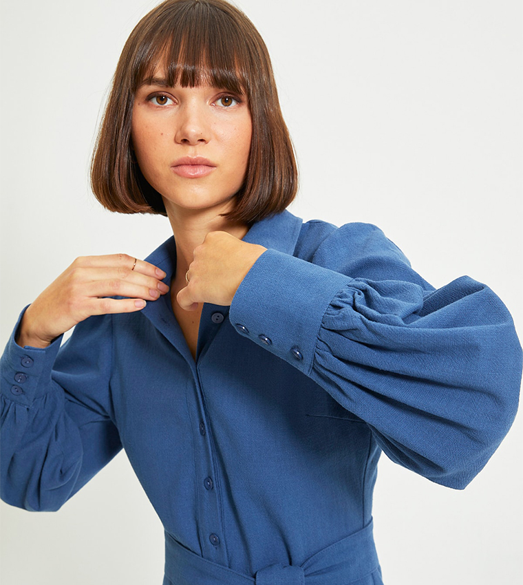 Buy Trendyol Blue Belted Shirt Dress In Blue 6thstreet Oman