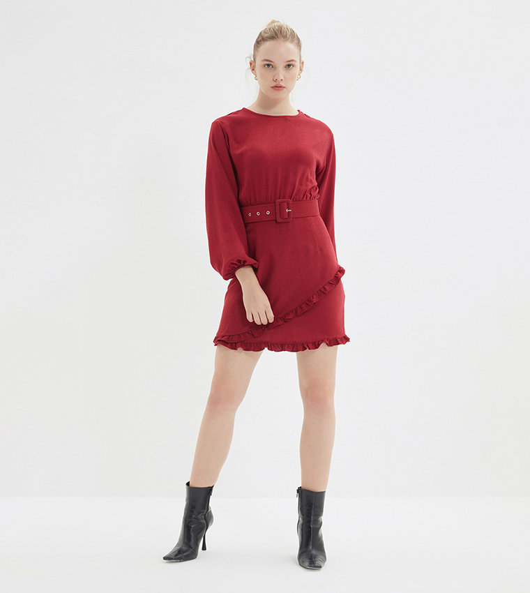 Buy Trendyol A Line Belted Mini Dress In Burgundy | 6thStreet Bahrain