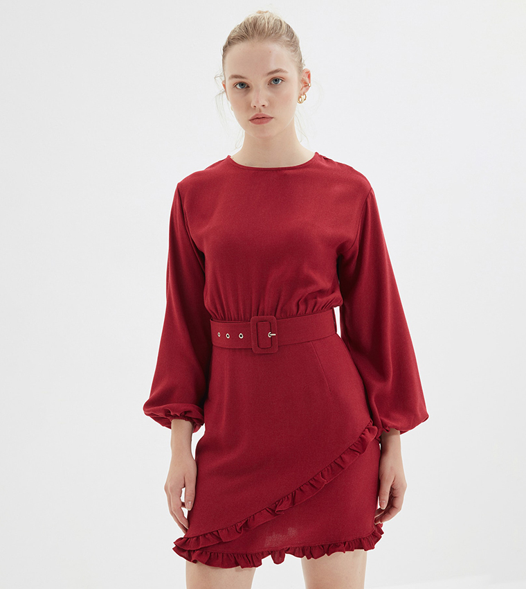 Buy Trendyol A Line Belted Mini Dress In Burgundy | 6thStreet Bahrain