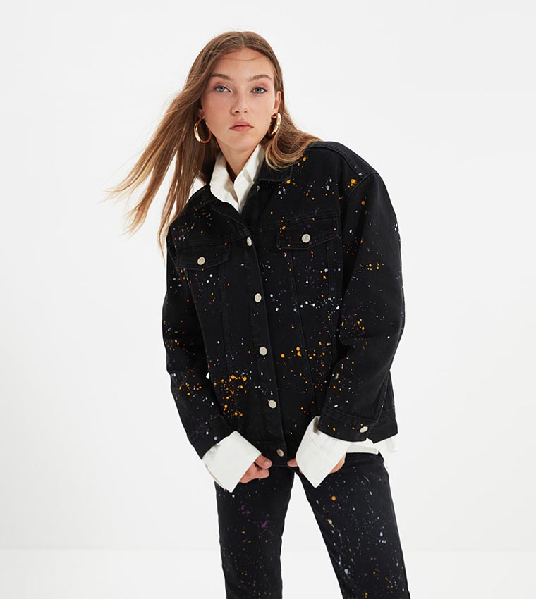 Buy Trendyol Paint Splash Denim Jacket In Black | 6thStreet Kuwait