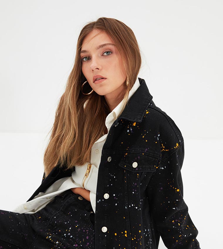 Buy Trendyol Paint Splash Denim Jacket In Black | 6thStreet Kuwait