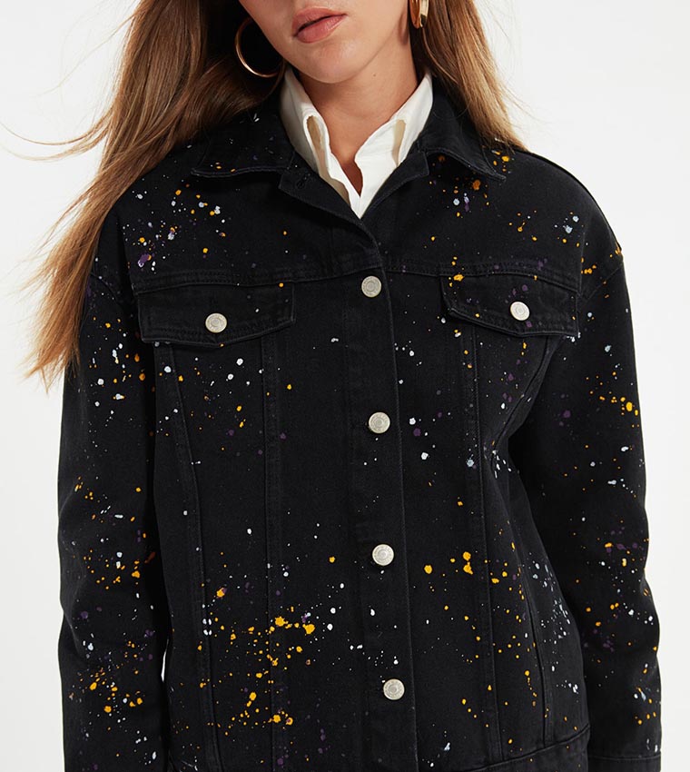 Buy Trendyol Paint Splash Denim Jacket In Black | 6thStreet Kuwait