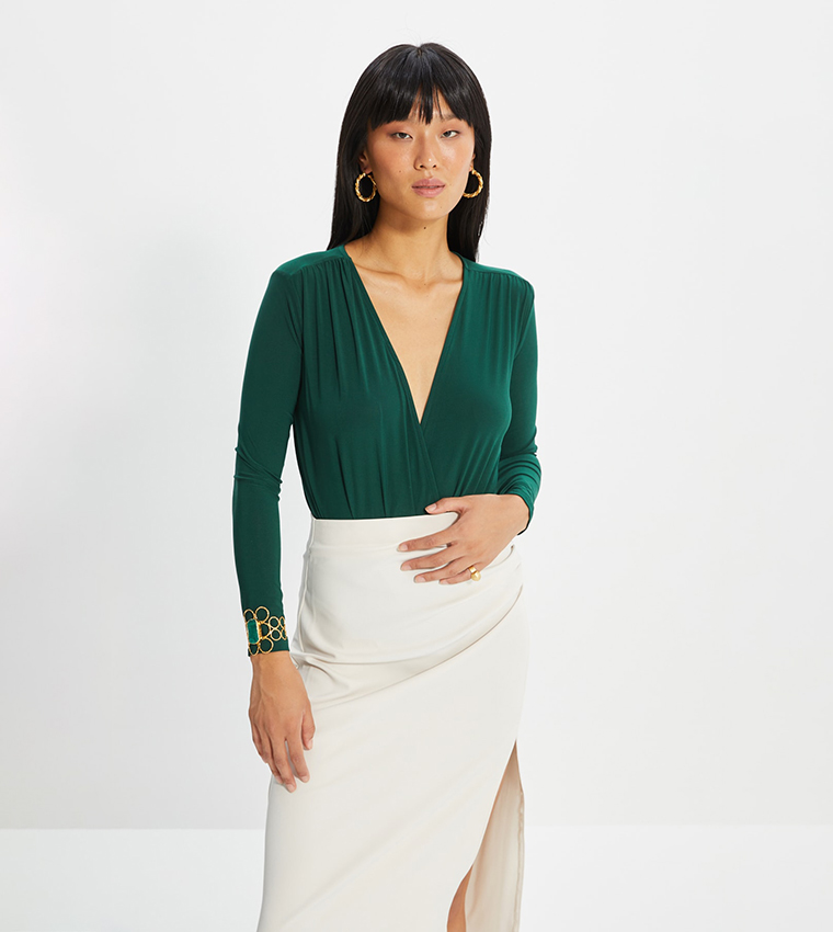 Buy Trendyol Embellished Cuff Wrap Bodysuit In Green | 6thStreet UAE