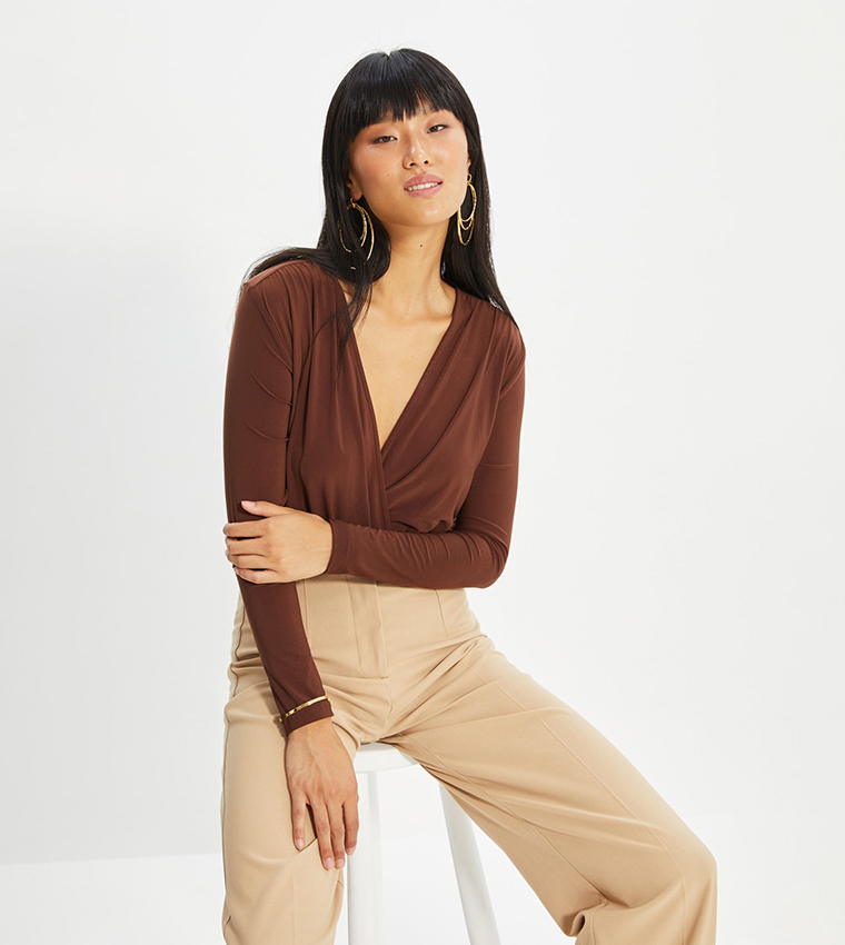 Buy Trendyol Double Breasted Collar Knitted Body In Brown | 6thStreet UAE